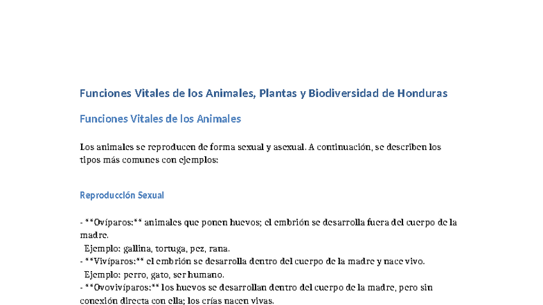 Funciones Vitales y Biodiversidad en Honduras: Animales y Plantas - Studocu