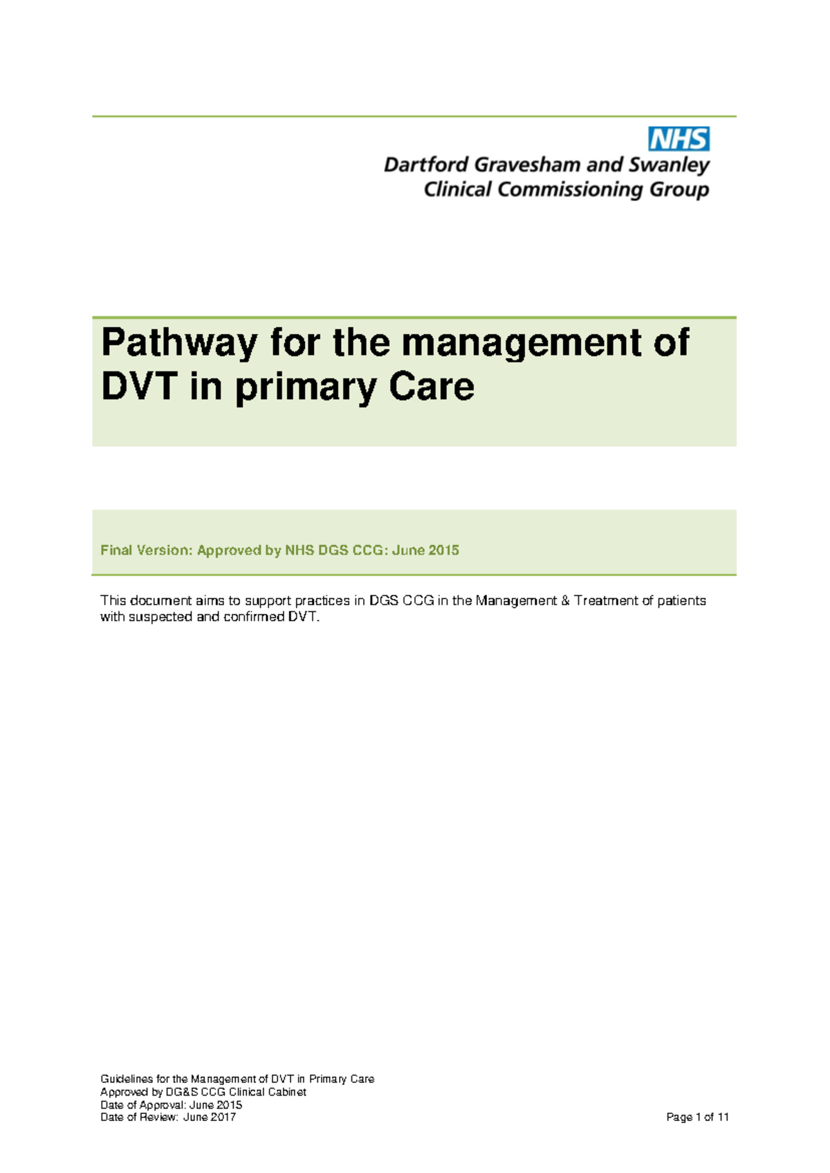 Guidelines for DVT Management in Primary Care (NHS DGS CCG) - Studocu