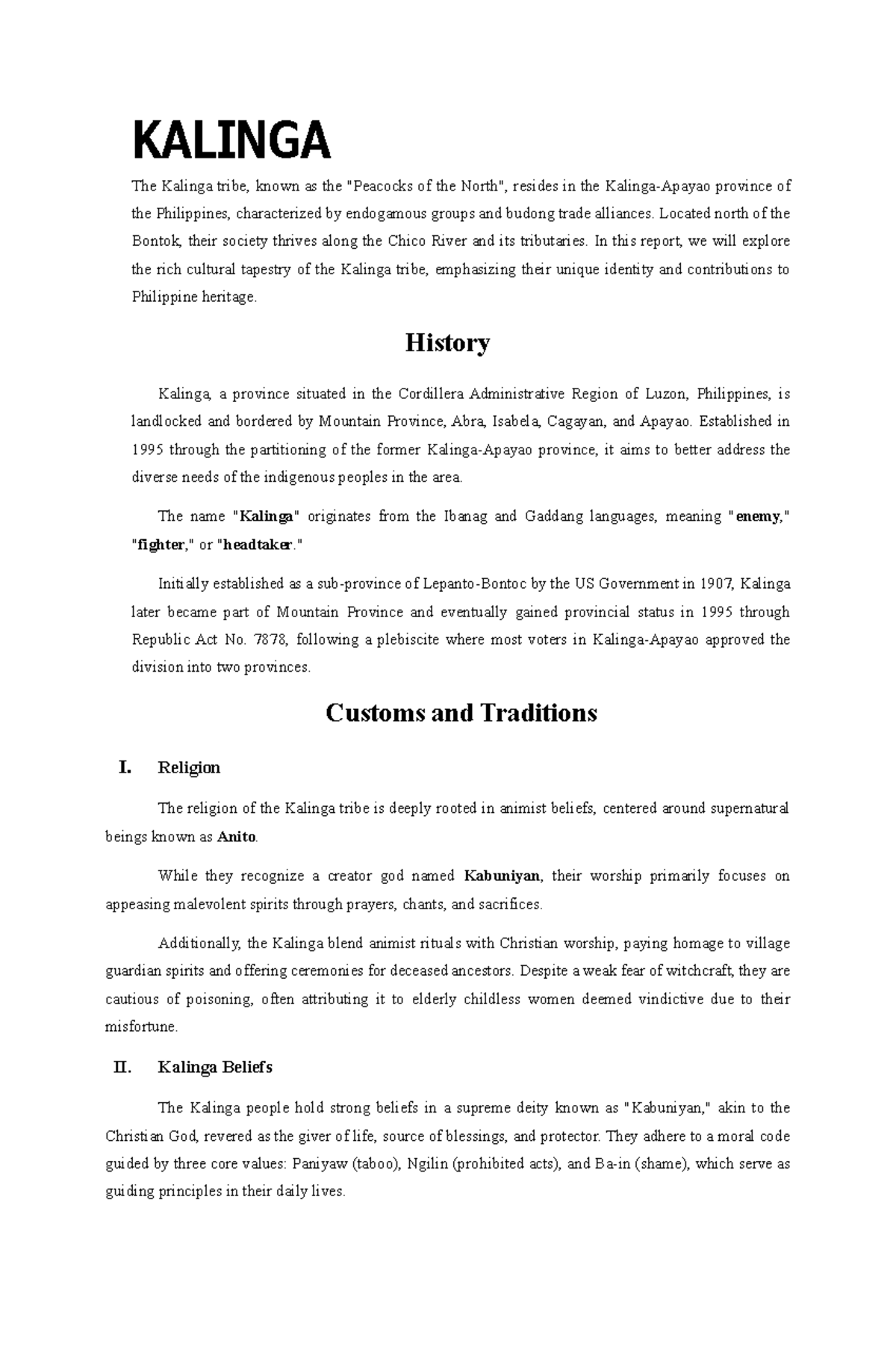 Kalinga Tribe: Cultural Heritage and Traditions Unveiled - Studocu