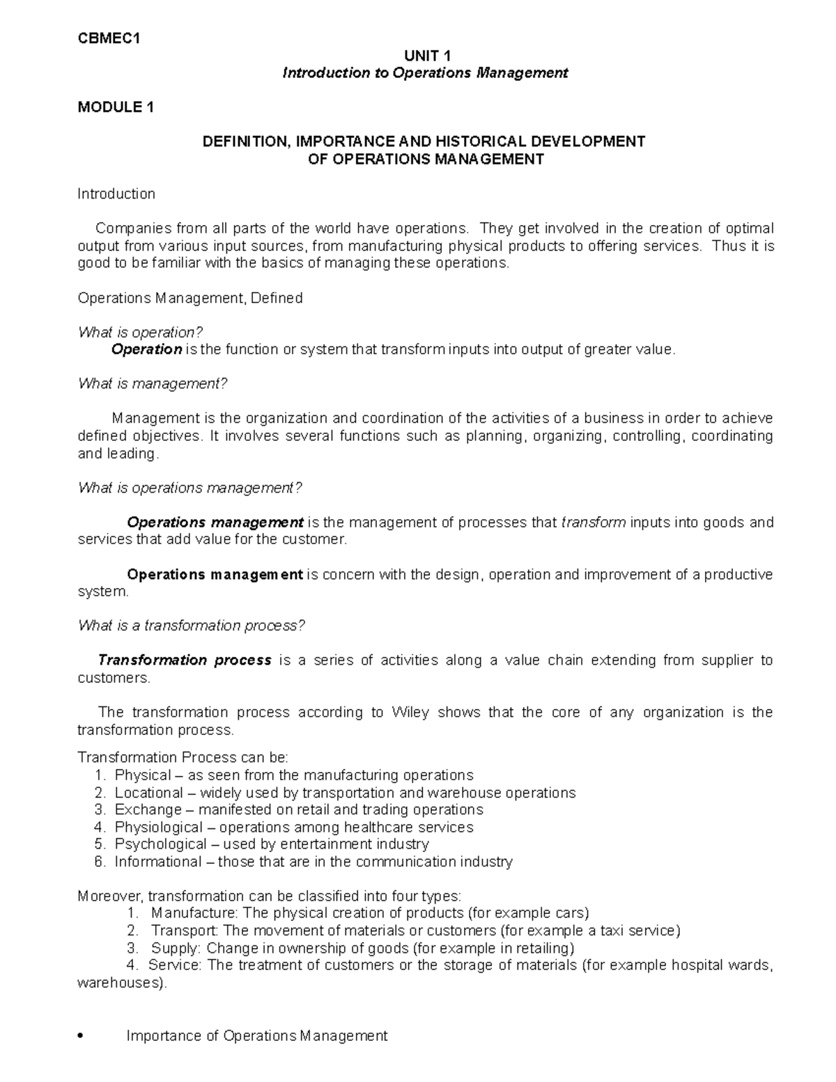 CBMEC 1: Operations Management - Module 1 Overview and Concepts - Studocu