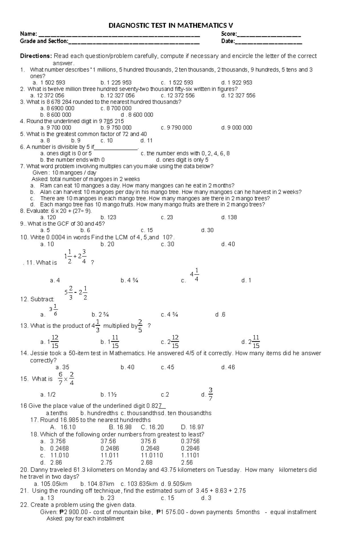 PRE-TEST MATHEMATICS 5: DIAGNOSTIC TEST V - Studocu