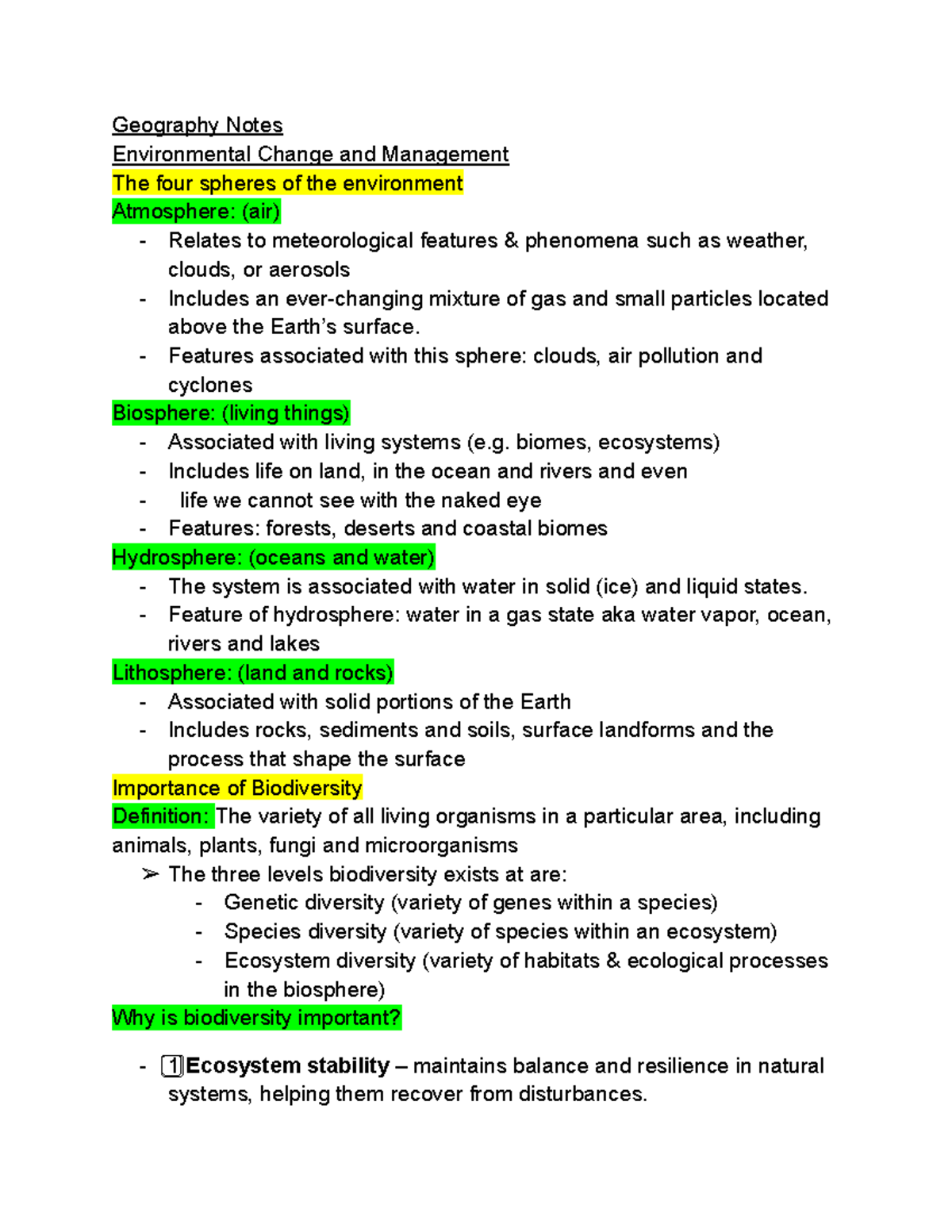 Geography Notes: Environmental Change & Management (GEOG101) - Studocu