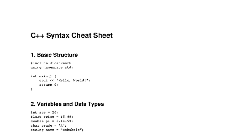 C++ Syntax Cheat Sheet: Key Concepts and Structures - Studocu