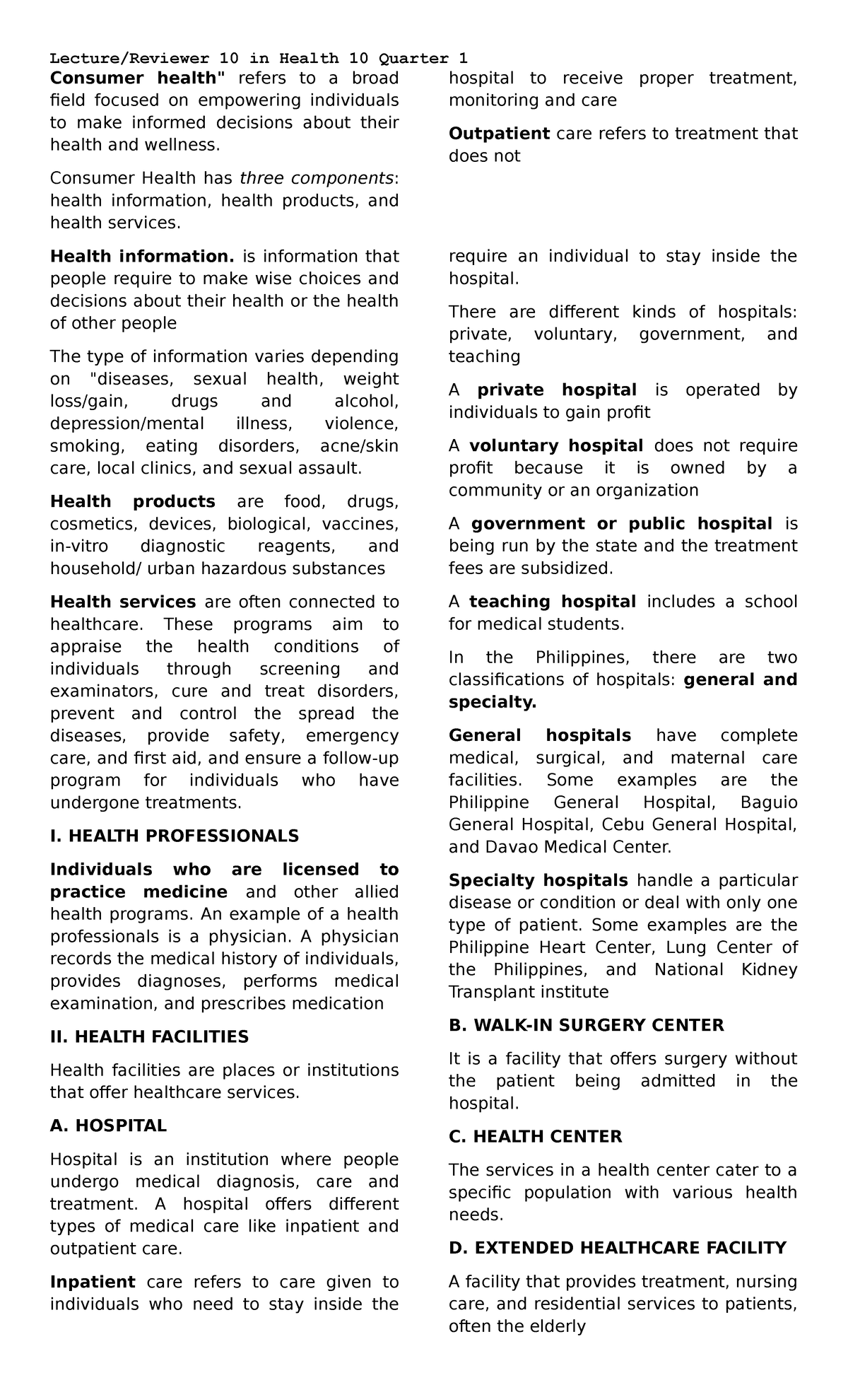 Lecture Reviewer: Health 10 Quarter 1 Overview and Key Concepts - Studocu