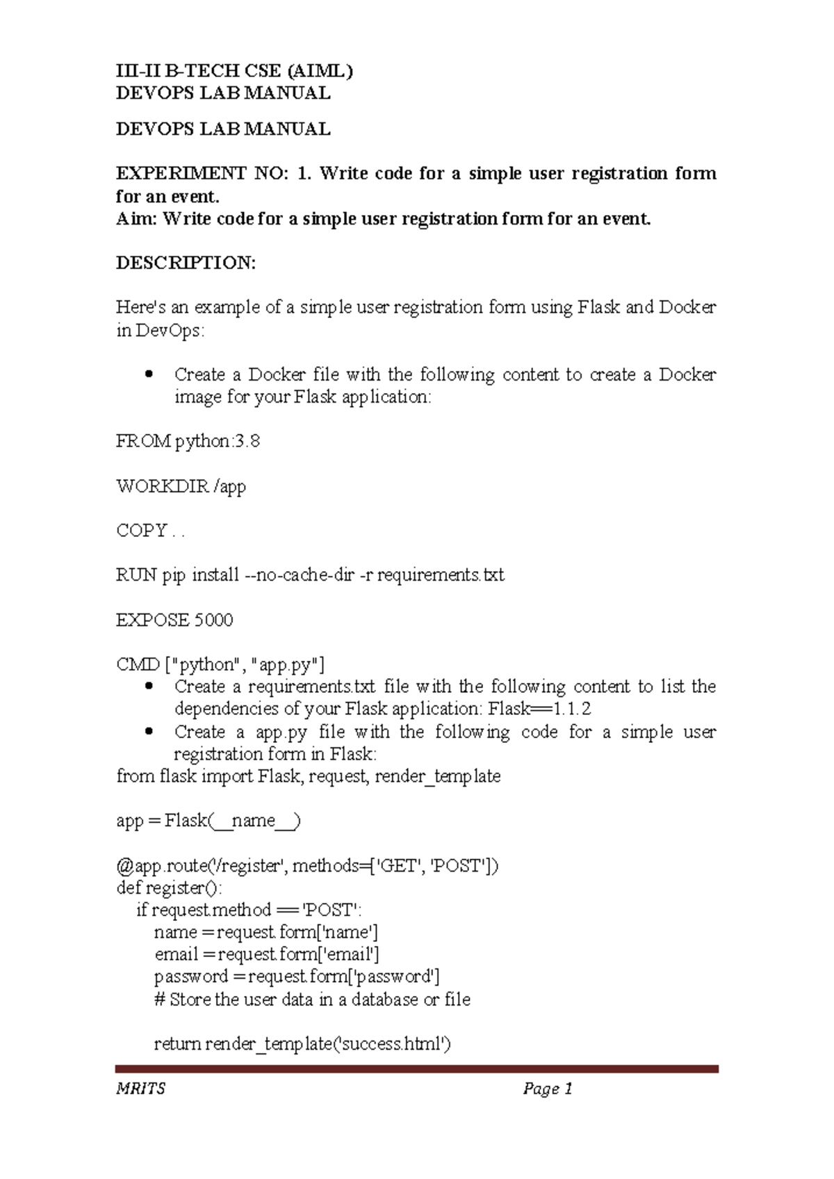 Devops LAB Manual Programs - DEVOPS LAB MANUAL DEVOPS LAB MANUAL EXPERIMENT NO: 1. Write code ...