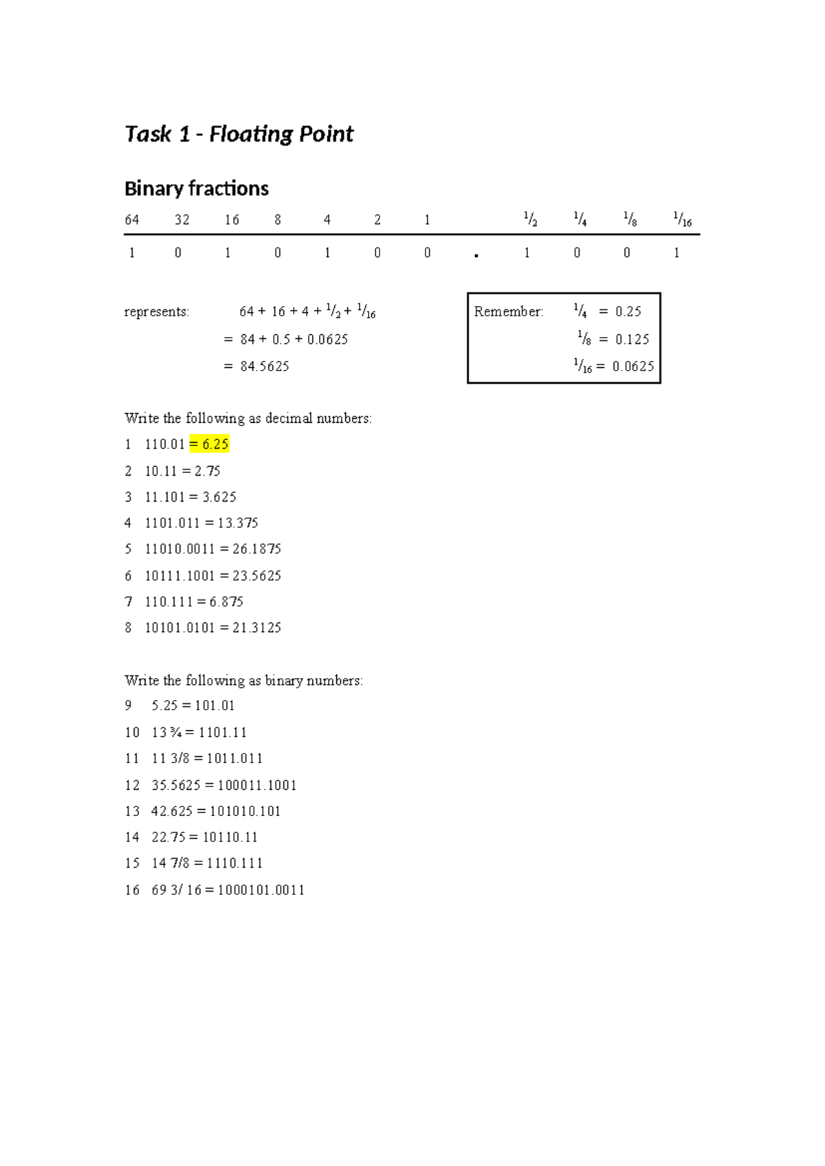Binary Operations Worksheet 21: Floating Point & 2s Complement Tasks ...