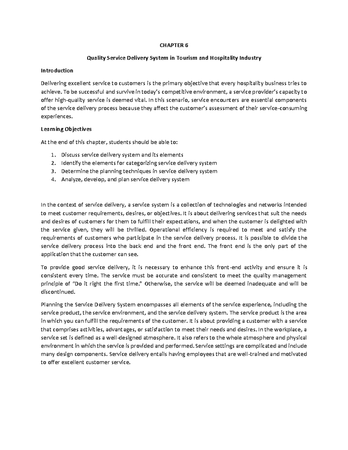 CH 6: Quality Service Delivery System in Tourism & Hospitality - Studocu
