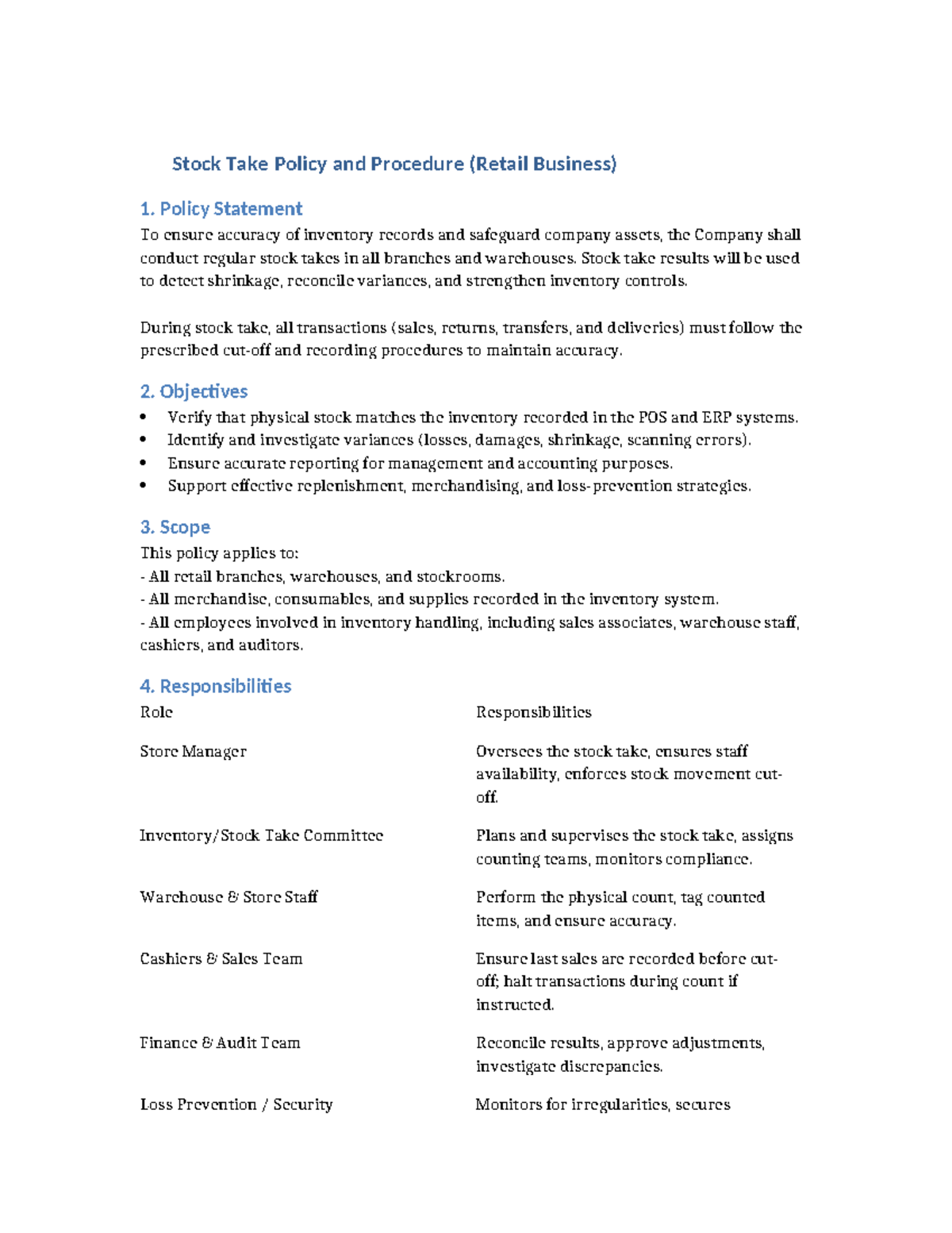 Retail Stock Take Policy & Procedure (RBT 101) - Studocu