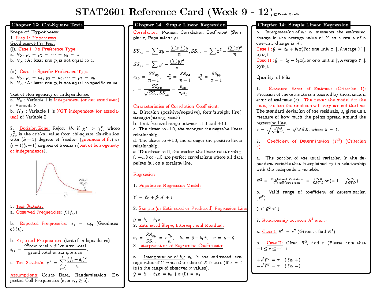 STAT2601 Test 3 Reference Card: Hypothesis Testing & Regression - Studocu