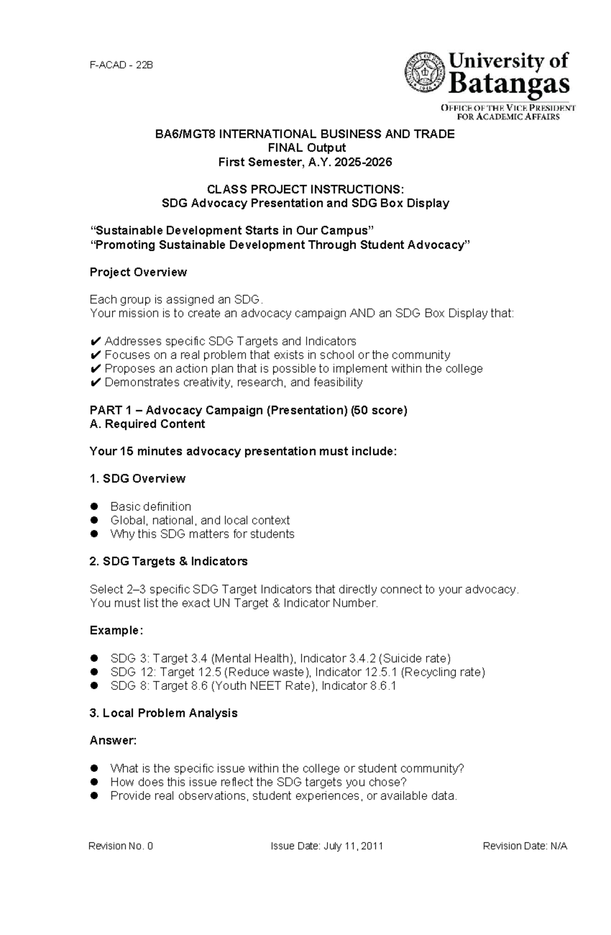 22B INTERNATIONAL BUSINESS AND TRADE FINAL Output: SDG Advocacy Project ...