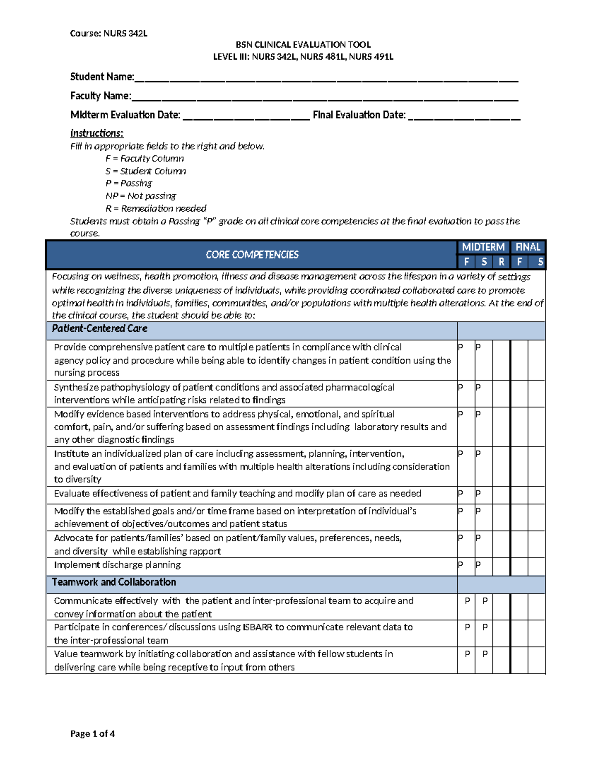 NURS 342L, NURS 481L, NURS 491L Clinical Evaluation Midterm Tool - Studocu
