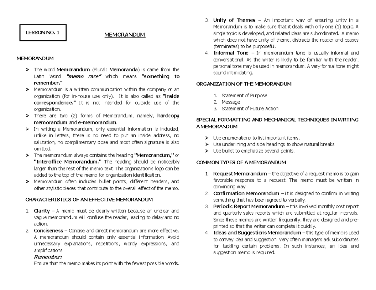 LESSON NO. 1: MEMORANDUM WRITING GUIDELINES - Studocu