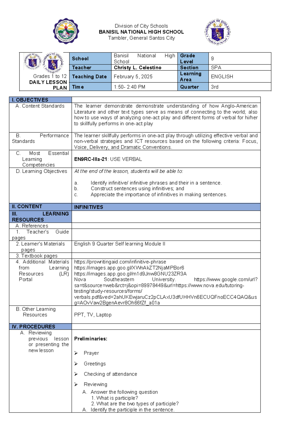 Infinitive Lesson Plan (LP) for English 9 - Christy L. Celestino - Studocu