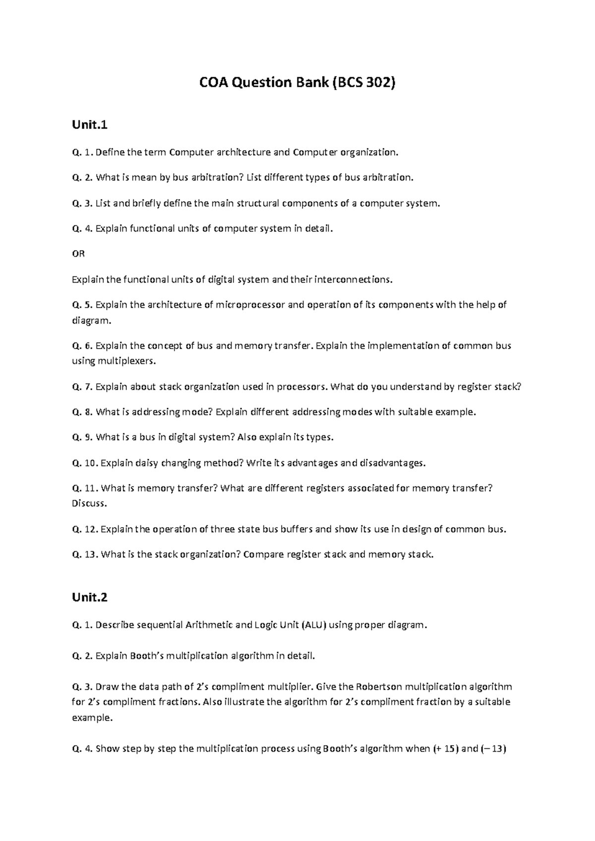 COA Question Bank (BCS 302) - Comprehensive Study Guide - Studocu
