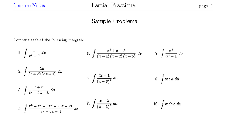 Partial Fractions Lecture Notes (MATH 101) - Sample Problems ...