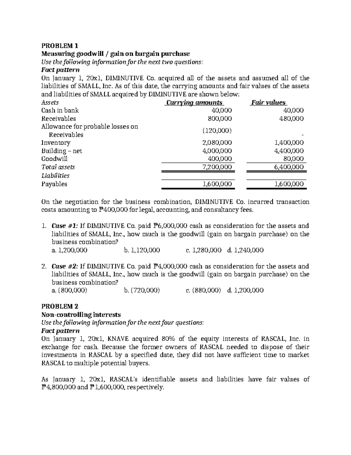 Sample Problems on Goodwill and Non-controlling Interests - ACCT 101 ...