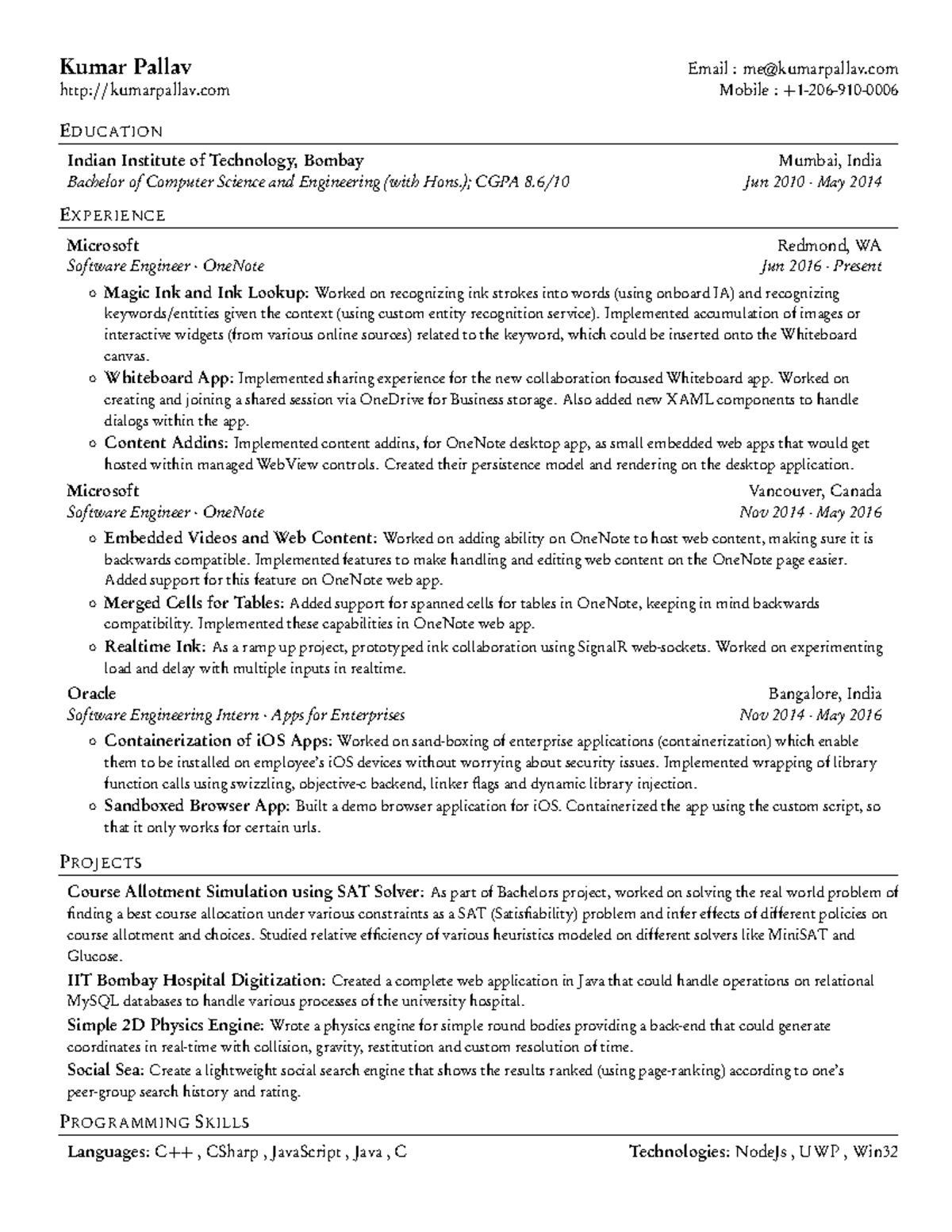 Kumar Pallav's One Page Resume - B.Tech in CSE from IIT Bombay - Studocu