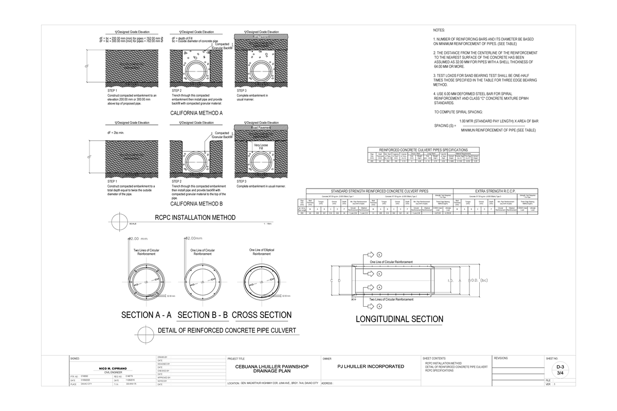D3 - Cebuana Drainage Lines: Designed Grade Elevation & Pipe Specs ...