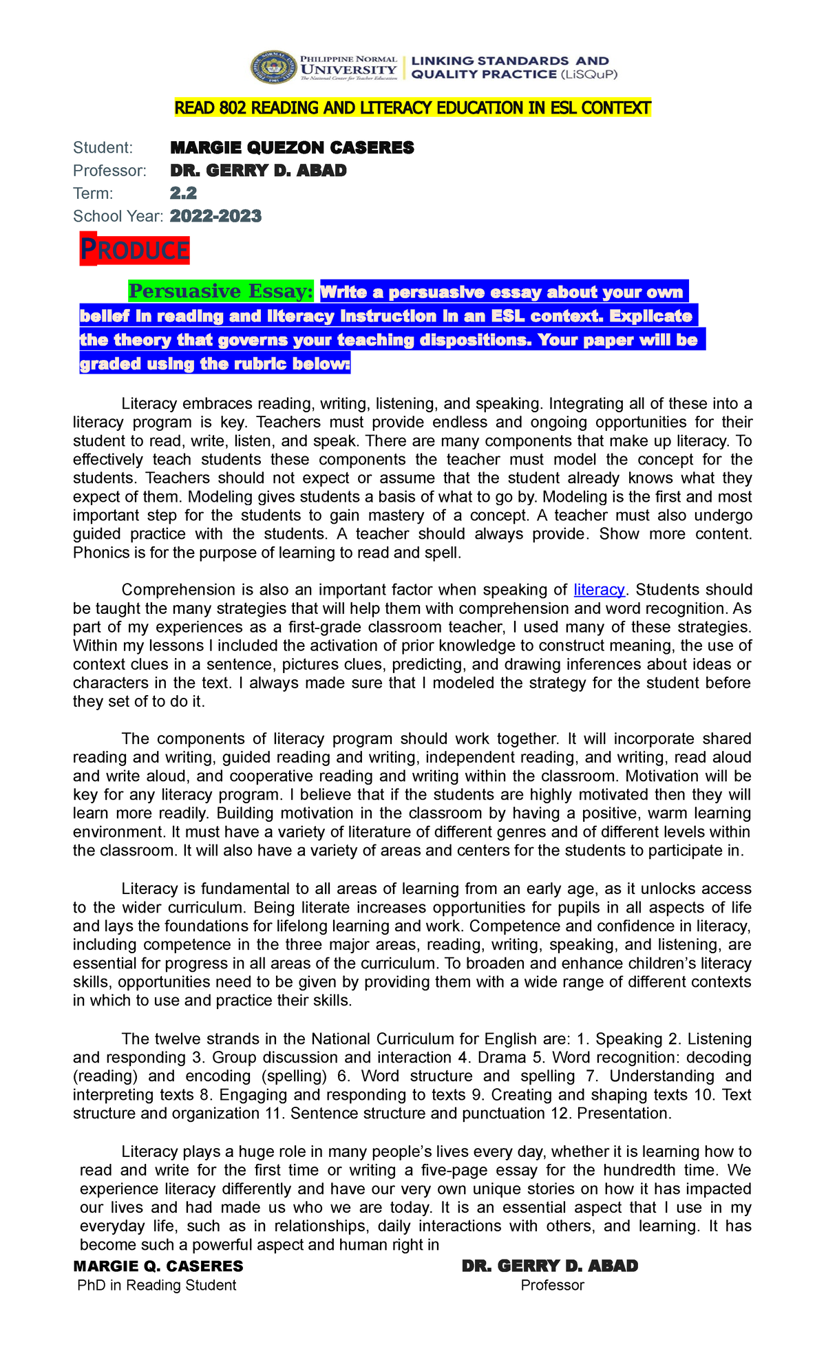 Lesson 1 Persuasive Essay - READ 802 READING AND LITERACY EDUCATION IN ...