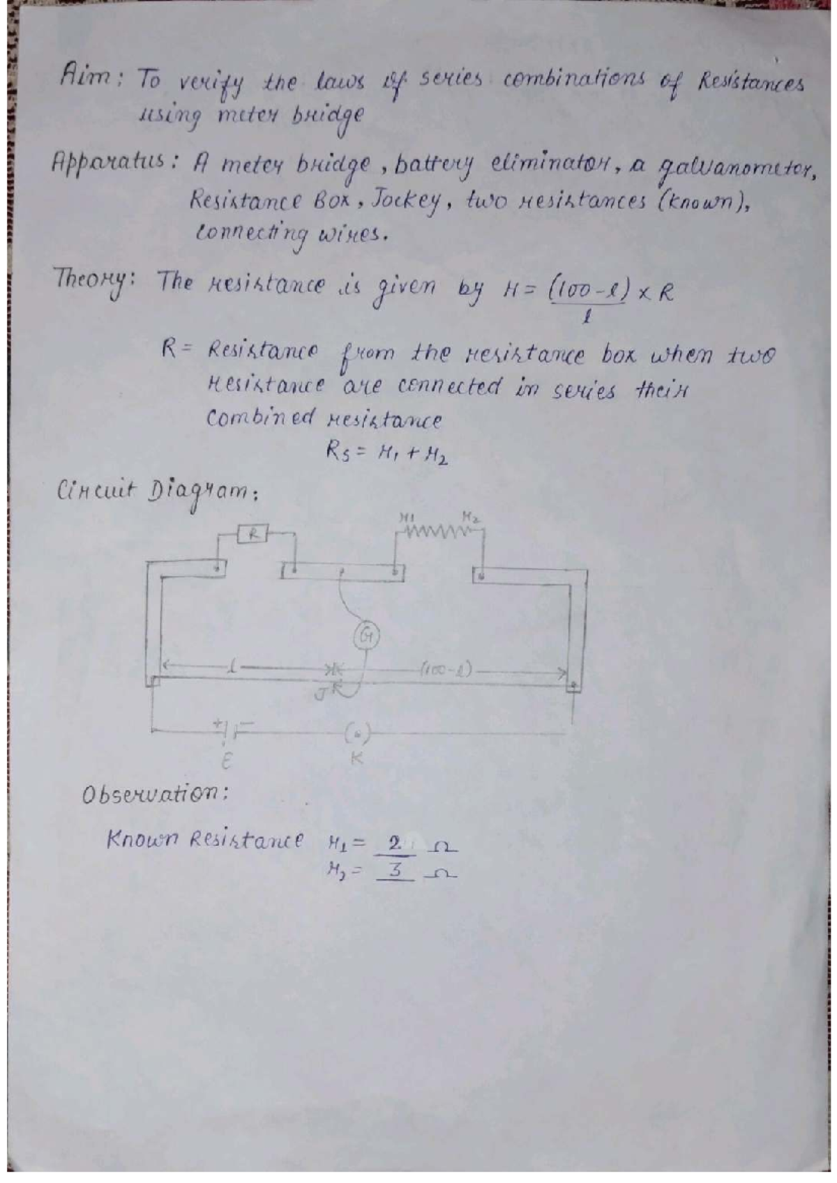 Series Combination of Resistances: Experiment with Meter Bridge - Studocu