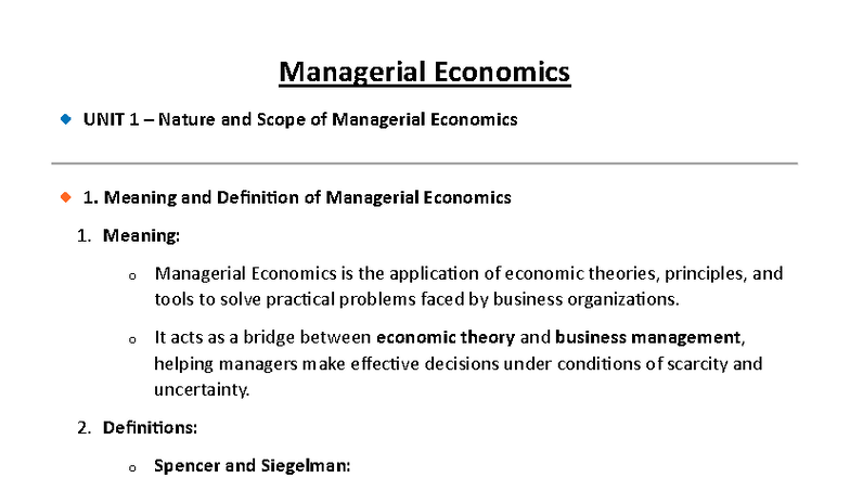 Managerial Economics UNIT 1: Nature, Scope, and Key Concepts - Studocu