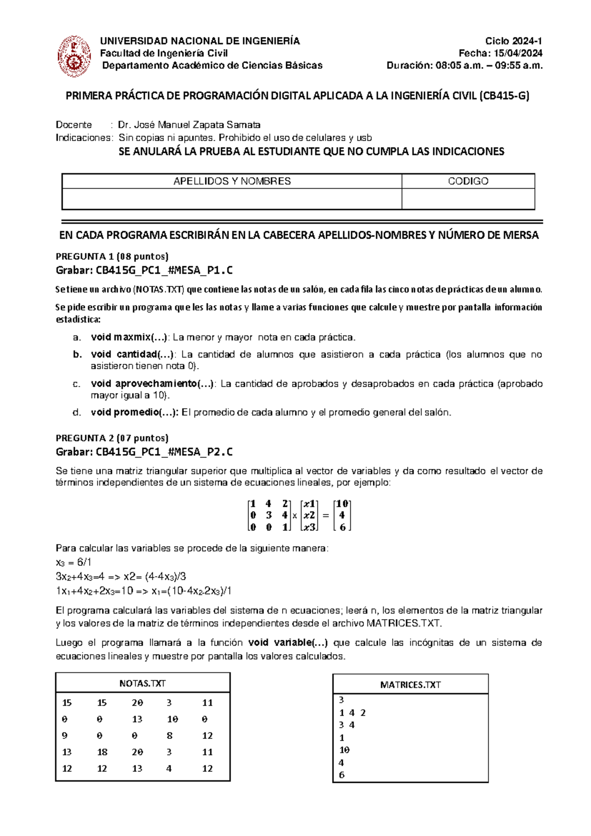 CB415-G PC-1 2024-1-1 - PC1 - UNIVERSIDAD NACIONAL DE INGENIERÍA Ciclo 202 4 - 1 Facultad de ...