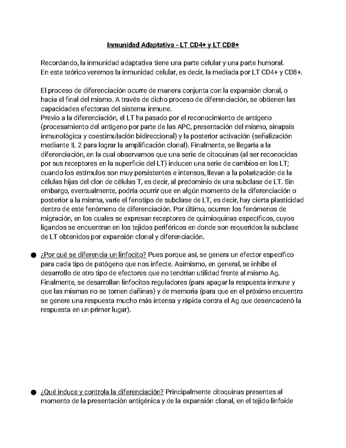 Inmunidad Adaptativa: LT CD4+ y LT CD8+ - Teoría y Diferenciación - Studocu
