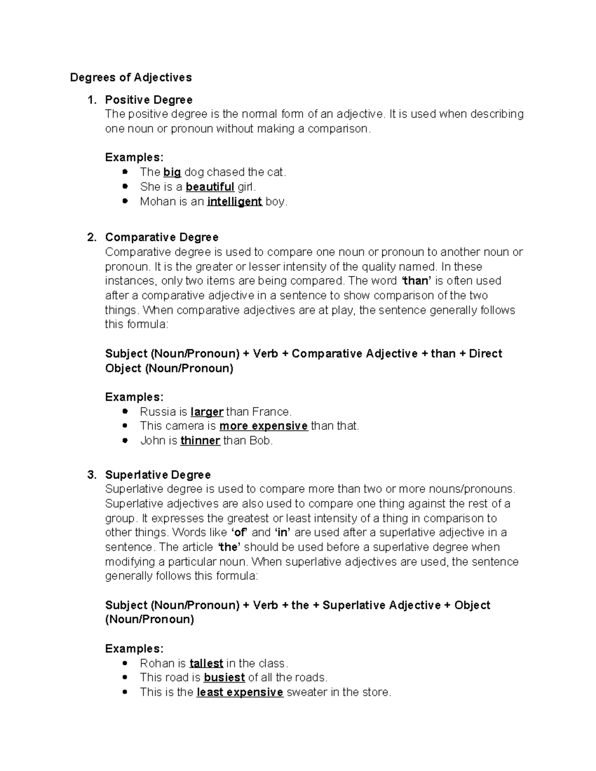 Degrees of Adjectives: Positive, Comparative, and Superlative - Studocu