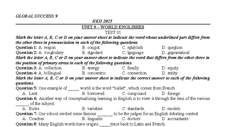 GLOBAL SUCCESS 9 HKII 2025 UNIT 9 WORLD ENGLISHES TEST 01 - Studocu