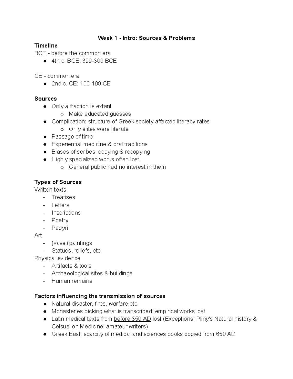 Week 1 - Intro to Sources & Problems in Ancient Medicine - Studocu