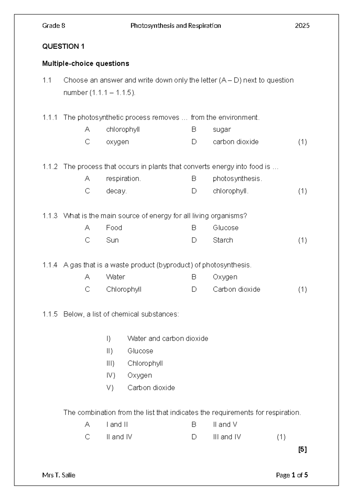 Grade 8 Photosynthesis & Respiration Homework Activity 2025 - Studocu