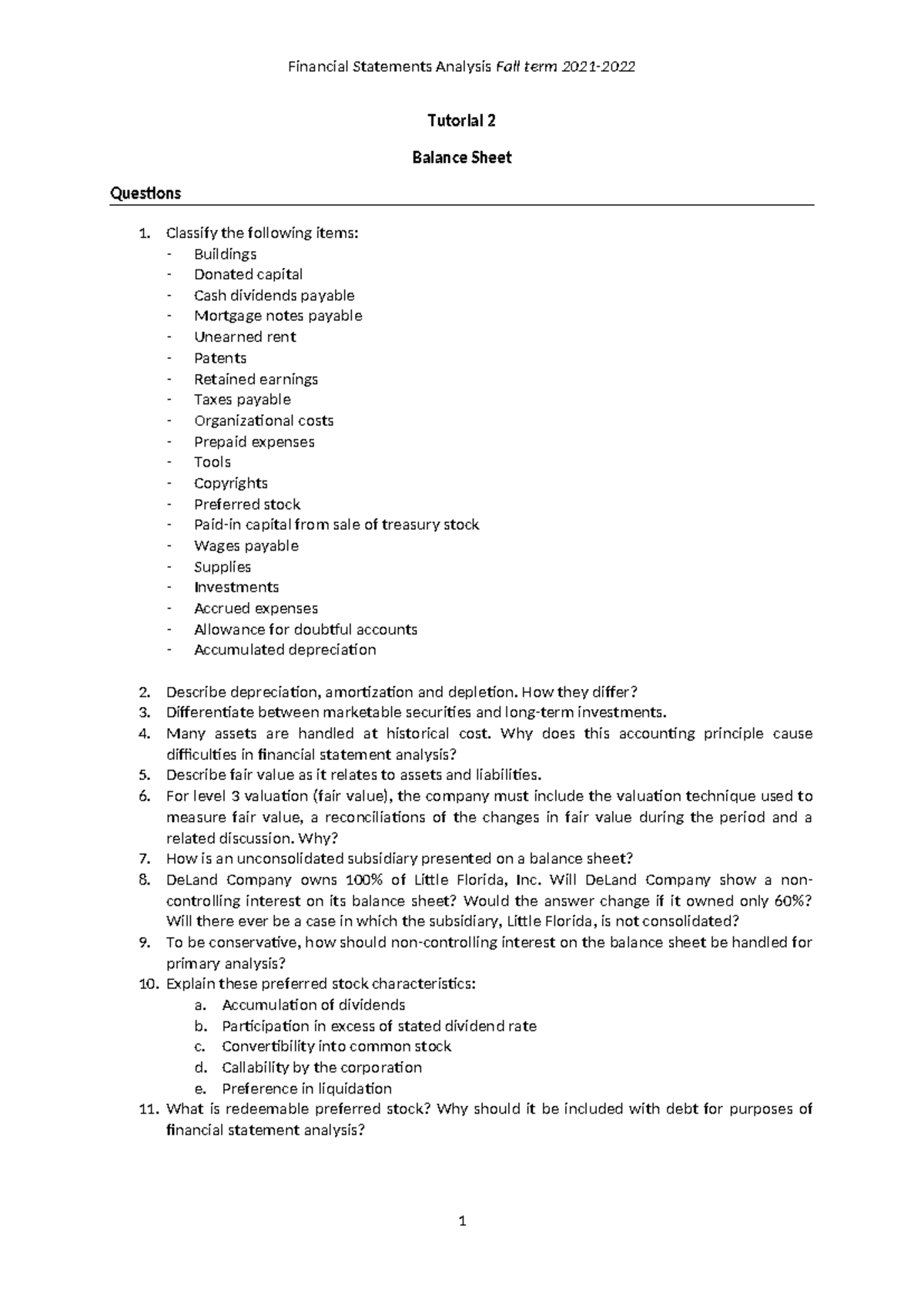 FSA 2021 Tutorial 2: Balance Sheet Analysis & Key Concepts - Studocu