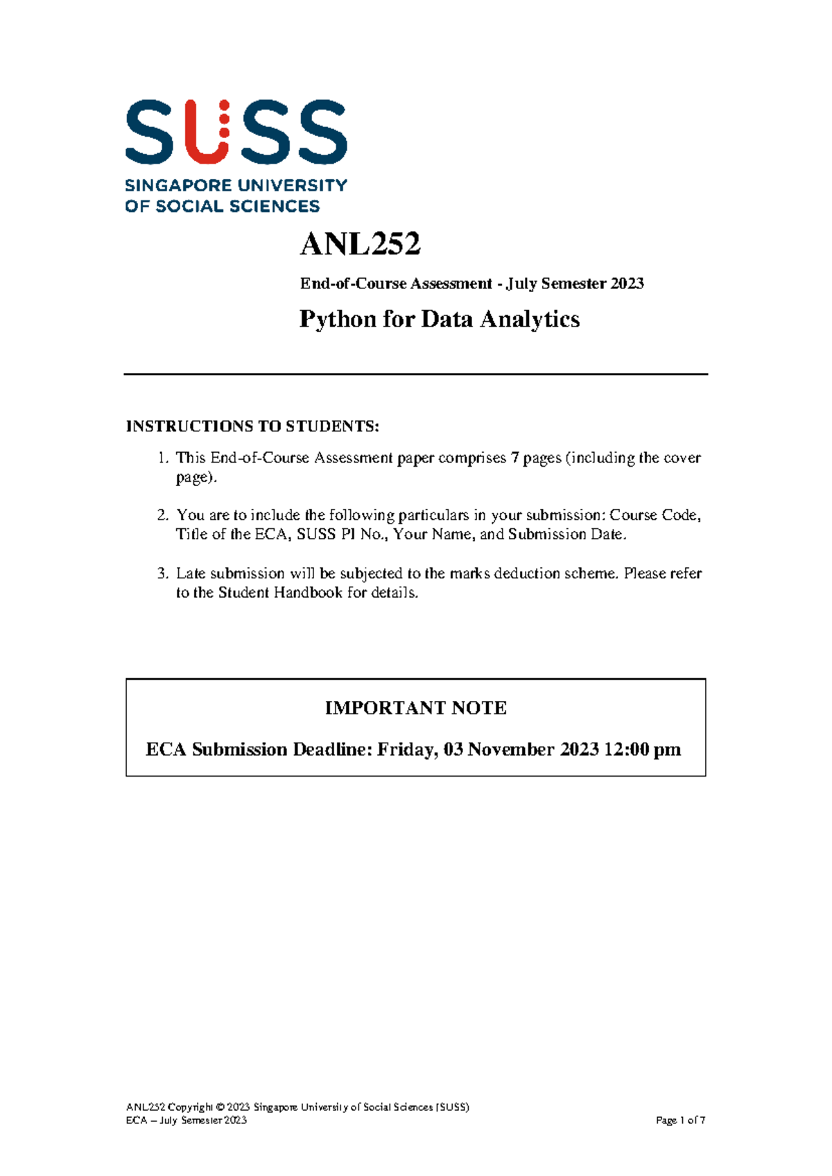 ANL252 End-of-Course Assessment: Python for Data Analytics (July 2023 ...