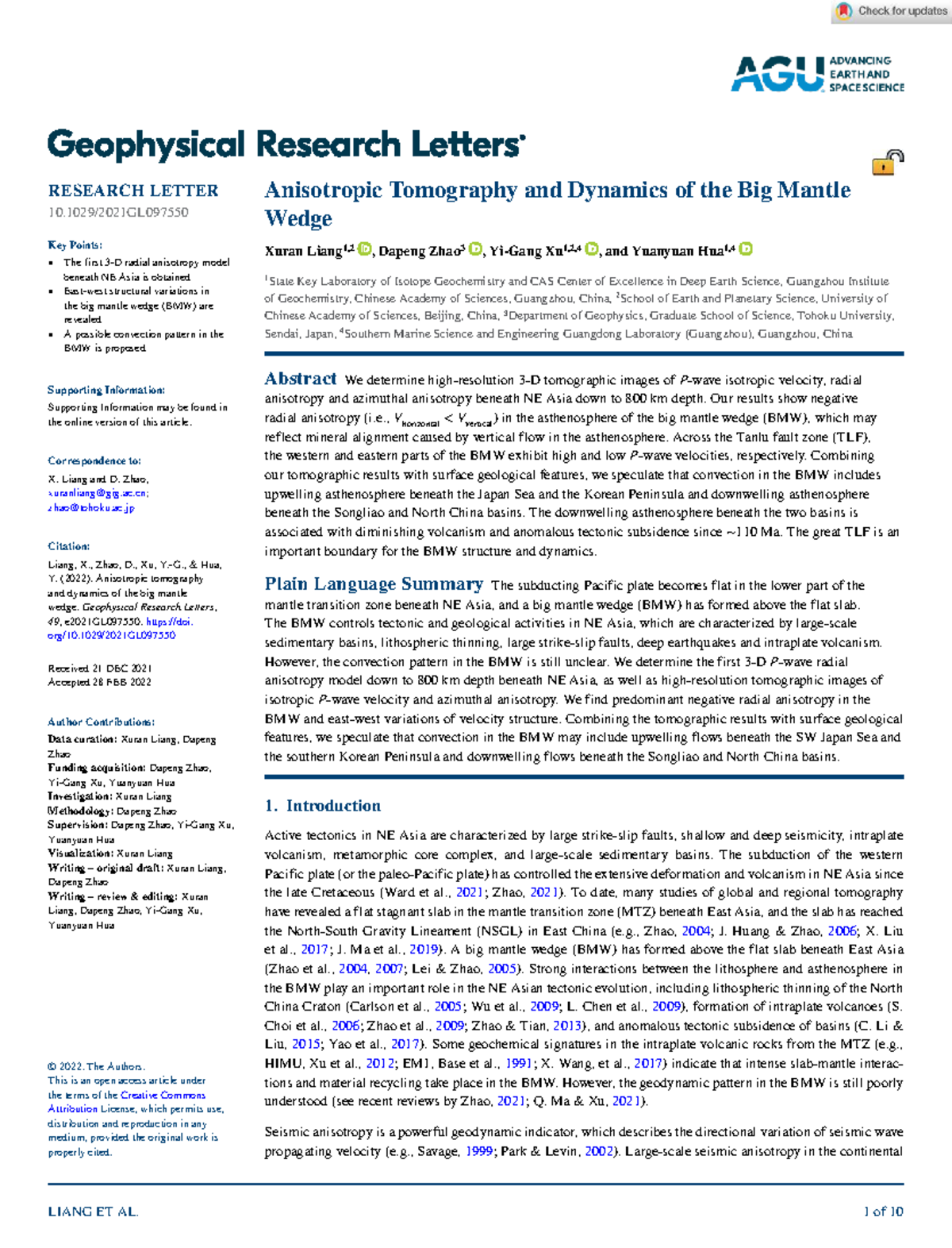 Liang 2022GRL: Radial Anisotropy and Convection in the Big Mantle Wedge ...