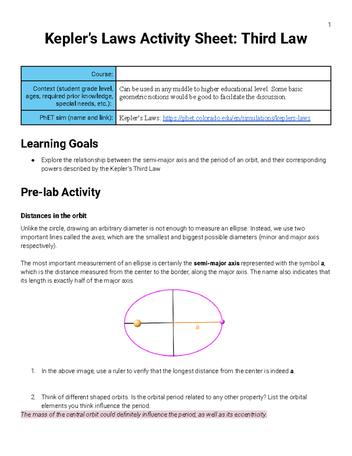 Kepler's Third Law Activity Sheet & Simulation Guide (PHeT) - Studocu