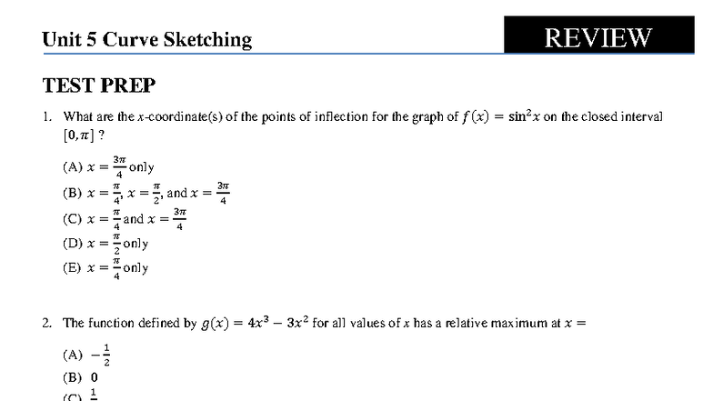 Unit 5 Curve Sketching Test Prep - AP Calculus BC - Studocu