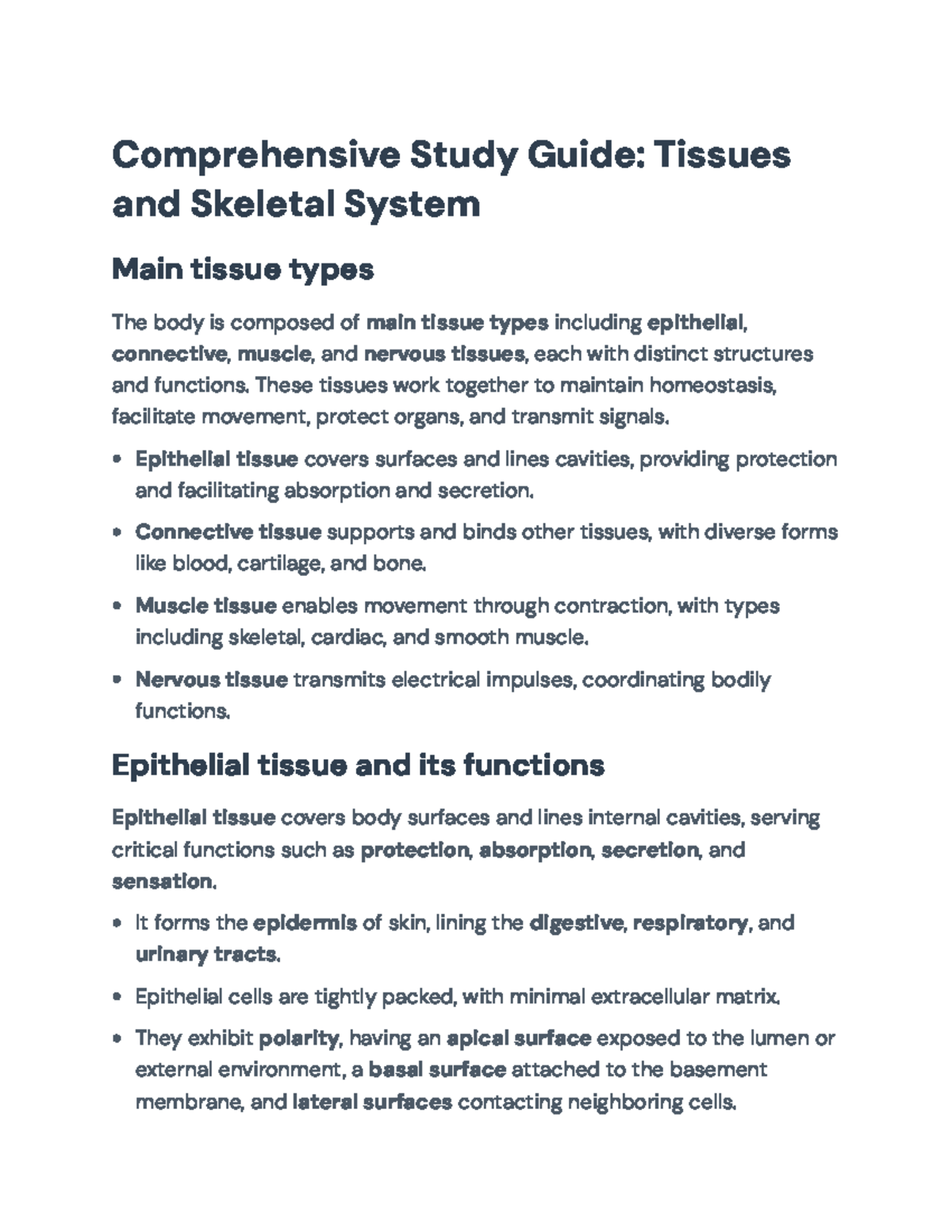 Comprehensive Study Guide: Tissues and Skeletal System Overview - Comprehensive Study Guide ...