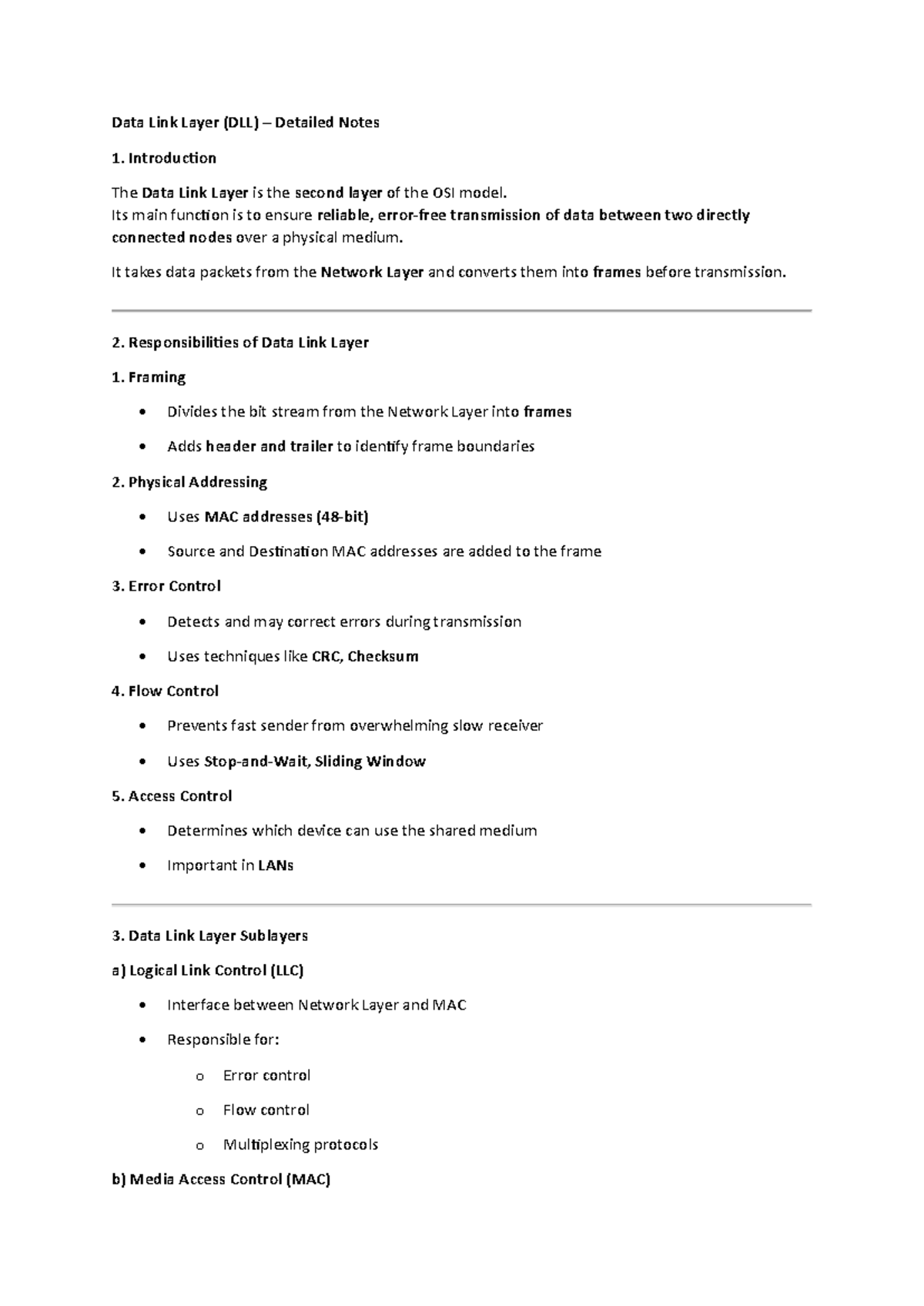 Data Link Layer (DLL) Comprehensive Study Notes - Studocu