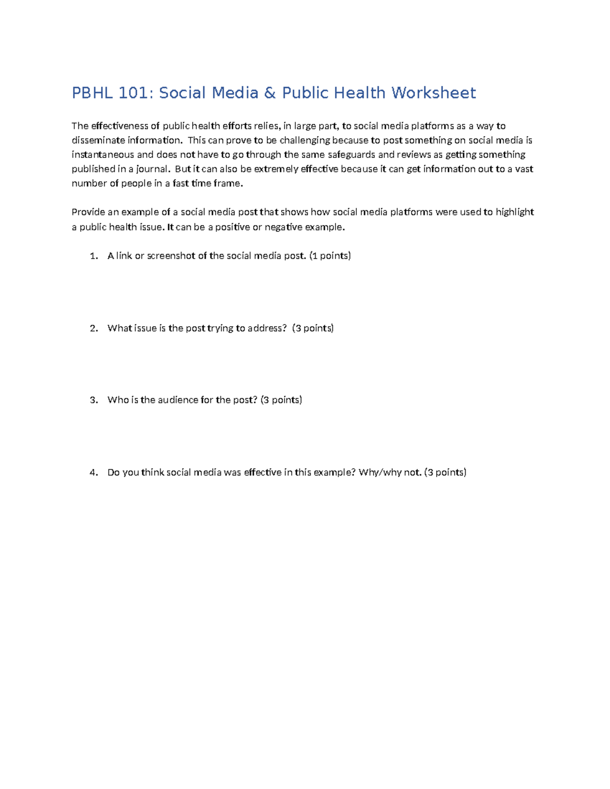 PBHL 101: Social Media & Public Health Effectiveness Worksheet - Studocu