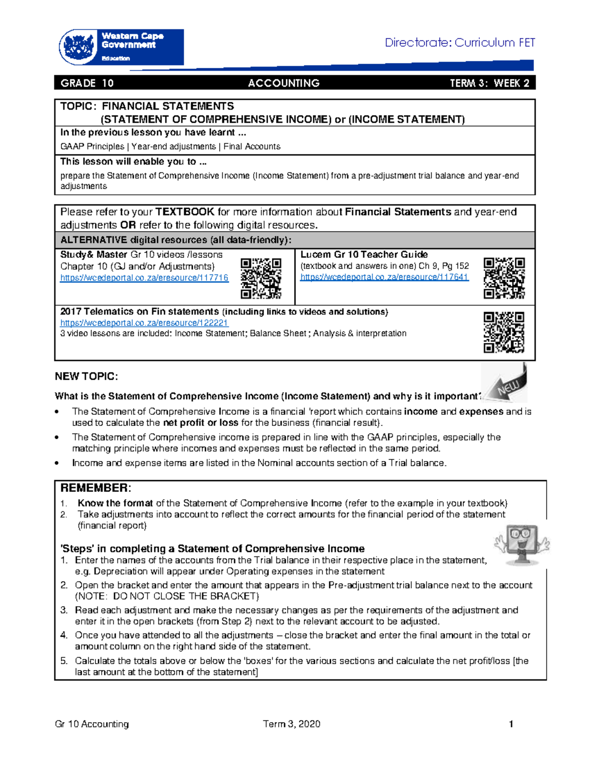 Accounting Gr 10 T3 Wk 2: Statement of Comprehensive Income Guide - Studocu