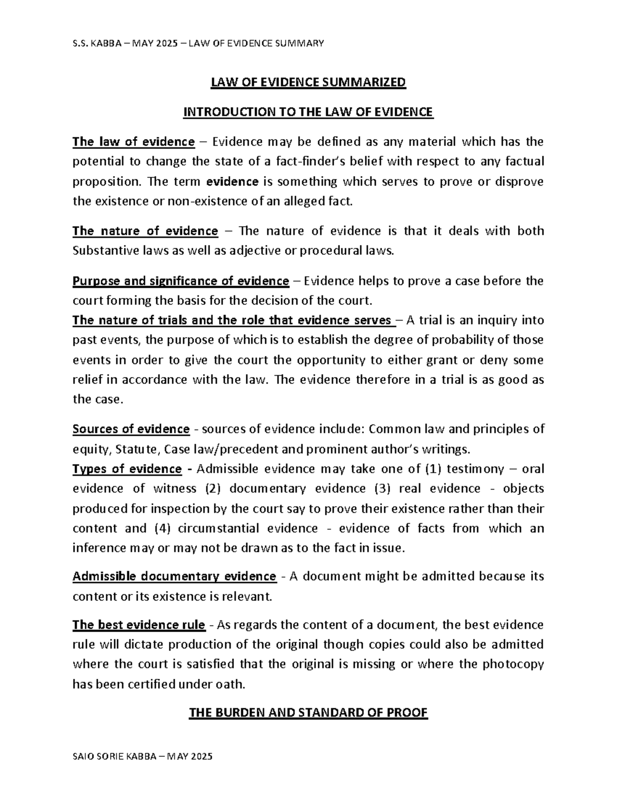 S.S. KABBA MAY 2025 LAW OF EVIDENCE SUMMARY AND ANALYSIS - Studocu