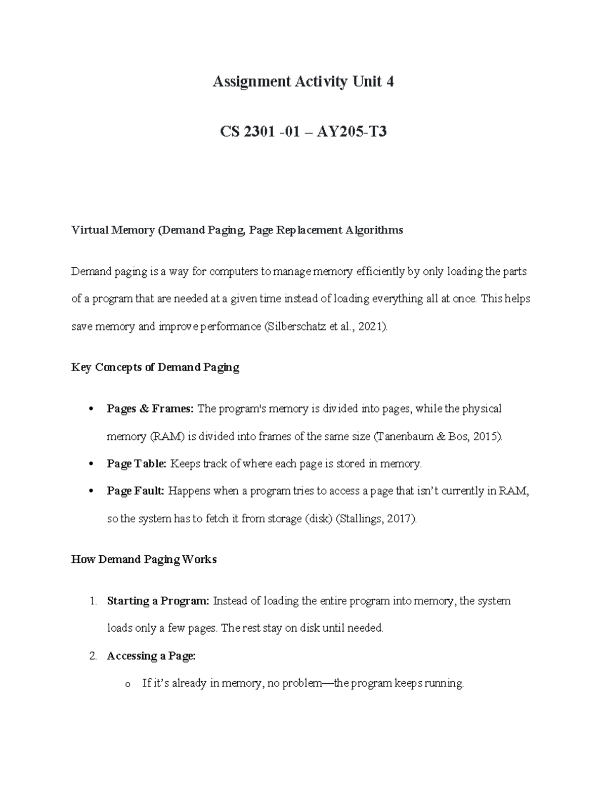 CS 2301-01 Assignment Unit 4: Exploring Demand Paging & Algorithms ...
