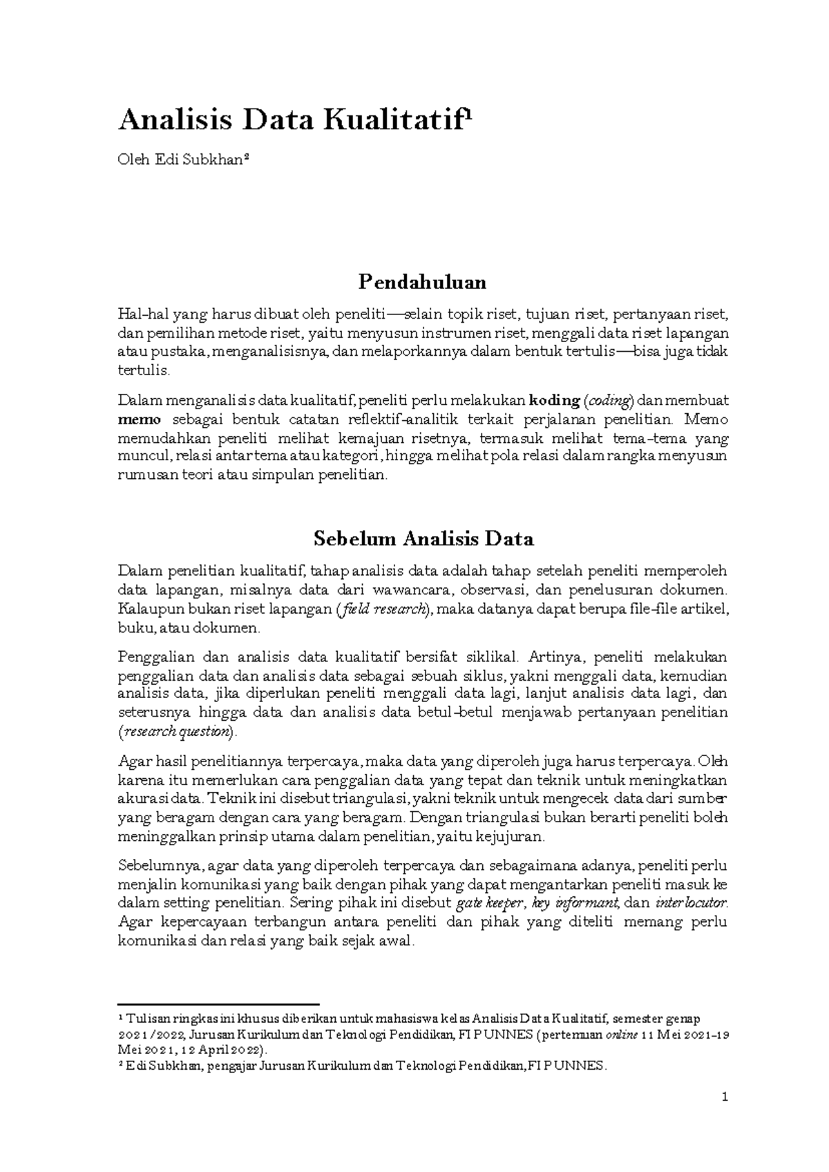 Analisis Data Kualitatif untuk Kelas 2021/2022 - Edi Subkhan - Studocu