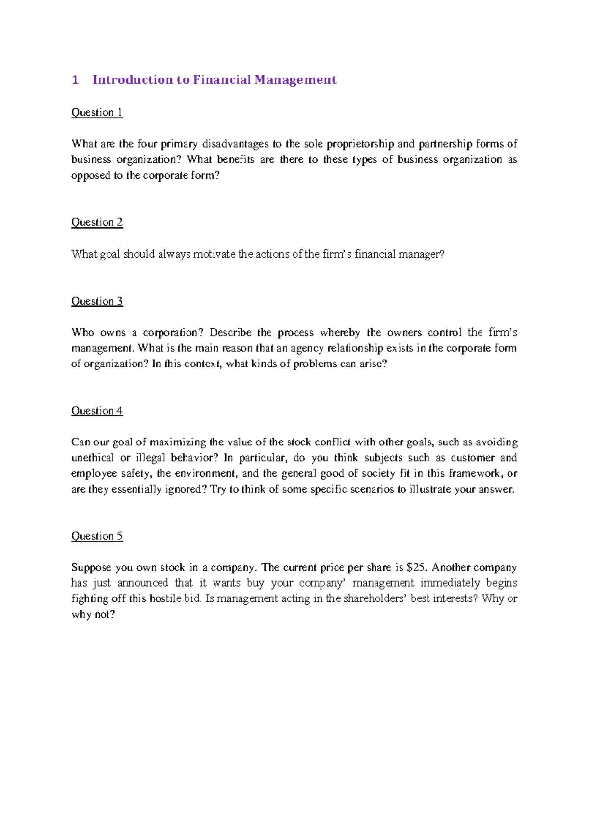 FINA2010 Exercises - 1 Introduction to Financial Management Question 1 ...