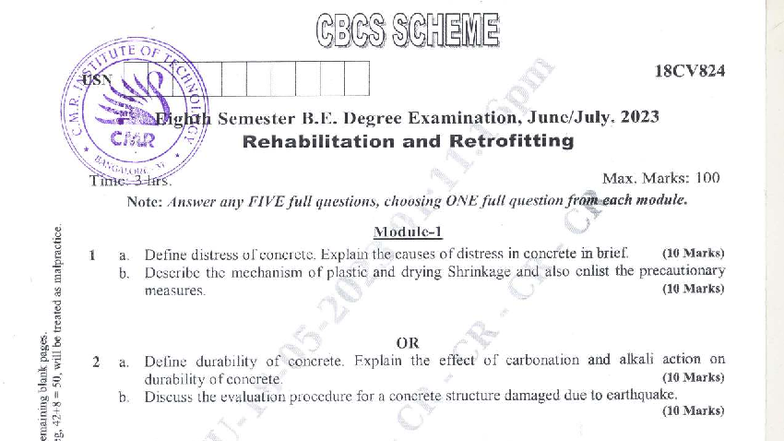 VTU Question Paper 18CV824: Rehabilitation and Retrofitting Exam 2023 ...