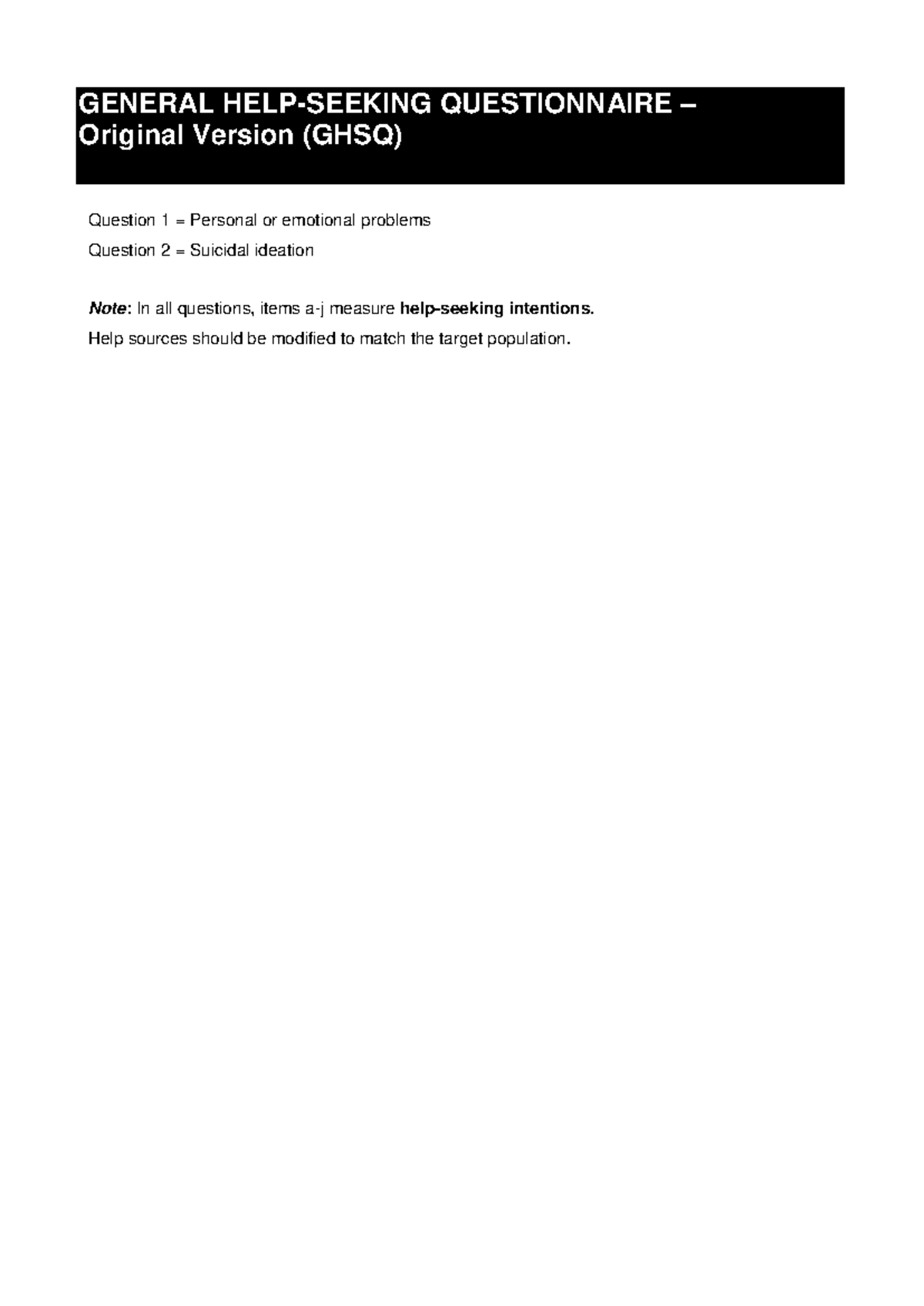 General Help-Seeking Questionnaire (GHSQ) Overview and Items - Studocu