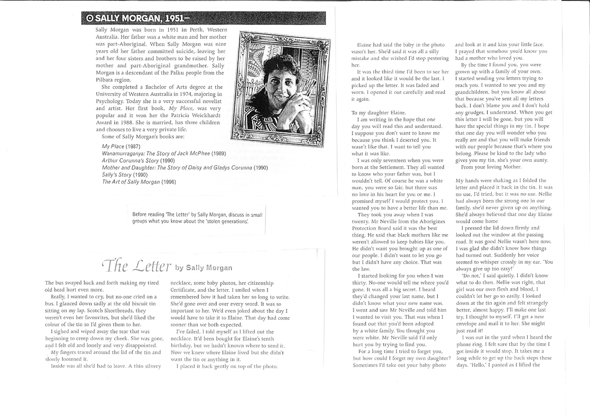The Letter: A Study of Sally Morgan's Life - u130g8 - Studocu