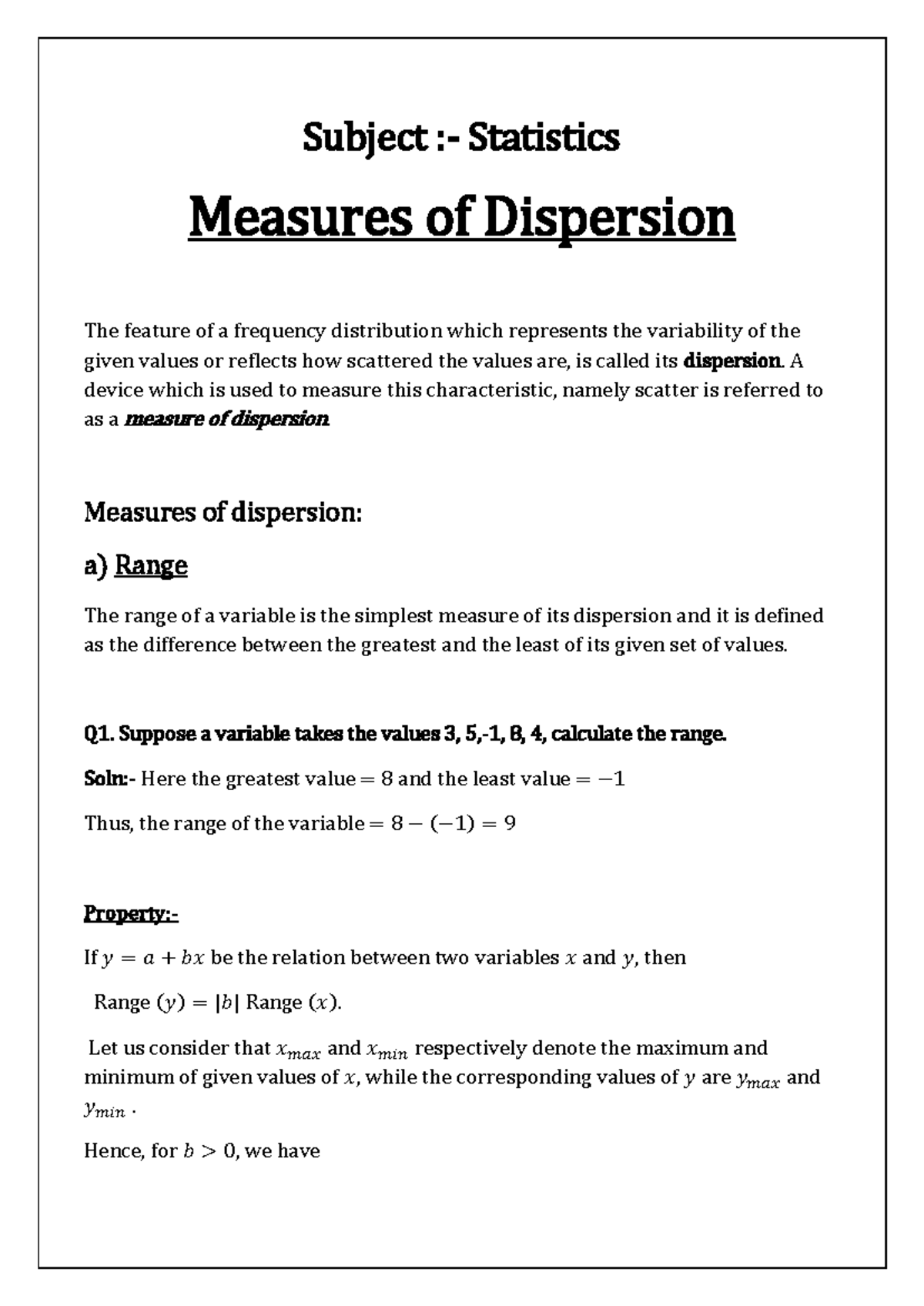 Measures of Dispersion class notes - Subject :- Statistics Measures of ...