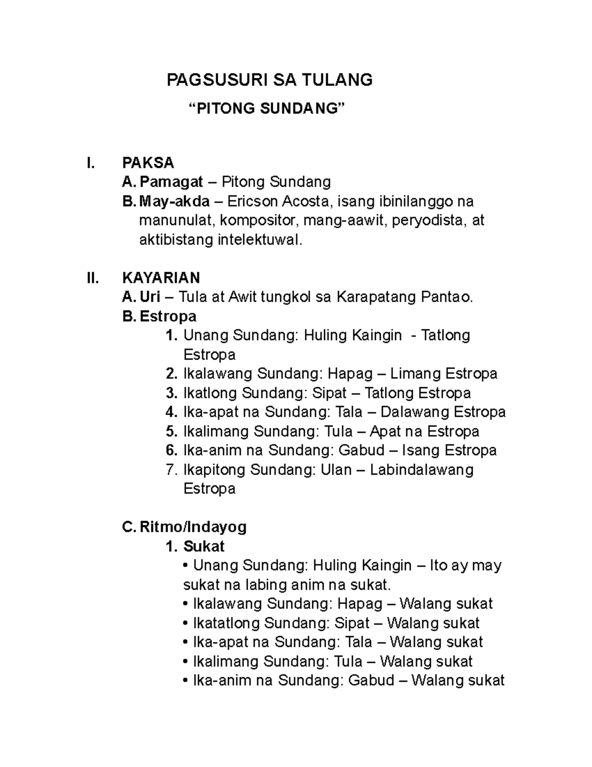 Pagsusuri SA Pitong Sundang 1 - PAGSUSURI SA TULANG “PITONG SUNDANG” I ...