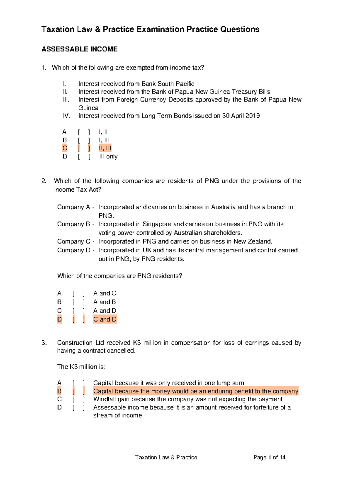 Taxation Law Practice Exam Questions: Assessable Income & Deductions ...